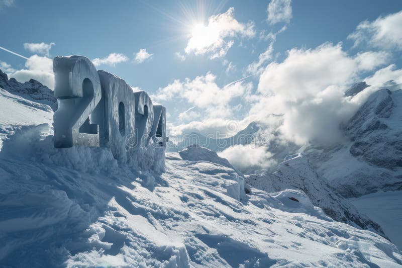 Huge Number 2024 from Ice on the Beautiful Mountines View with Blue Sky ...