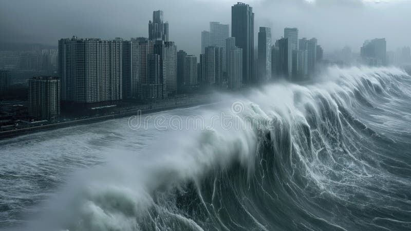 A Huge Ocean Wave Covers the Coastal City Stock Image - Image of ...