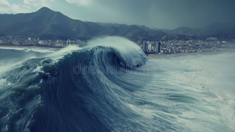 A Huge Ocean Wave Covers the Coastal City Stock Photo - Image of ...