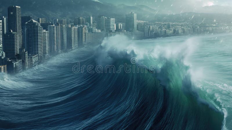 A Huge Ocean Wave Covers the Coastal City Stock Photo - Image of ...