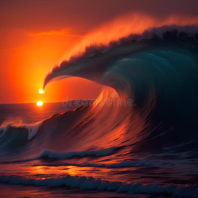 Huge Ocean Wave at Orange Sunset AI-Generated Stock Illustration ...