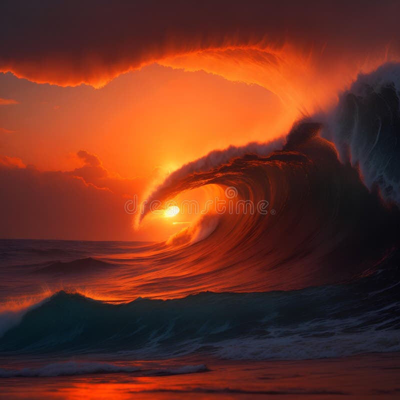 Huge Ocean Wave at Orange Sunset AI-Generated Stock Illustration ...