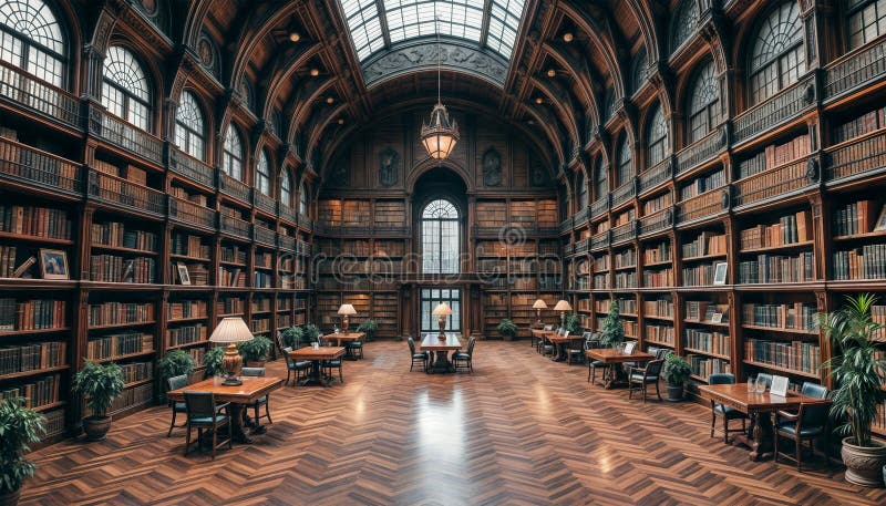 Library with Reading Area, Comfy Armchairs, and Cozy Lamps Stock ...