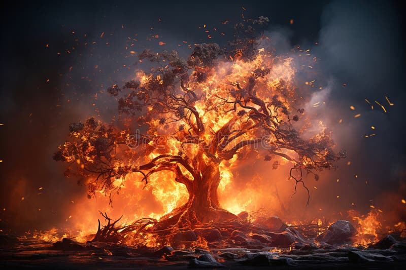 A Huge Old Tree is Burning, Damaged by Wildfires. Stock Photo - Image ...