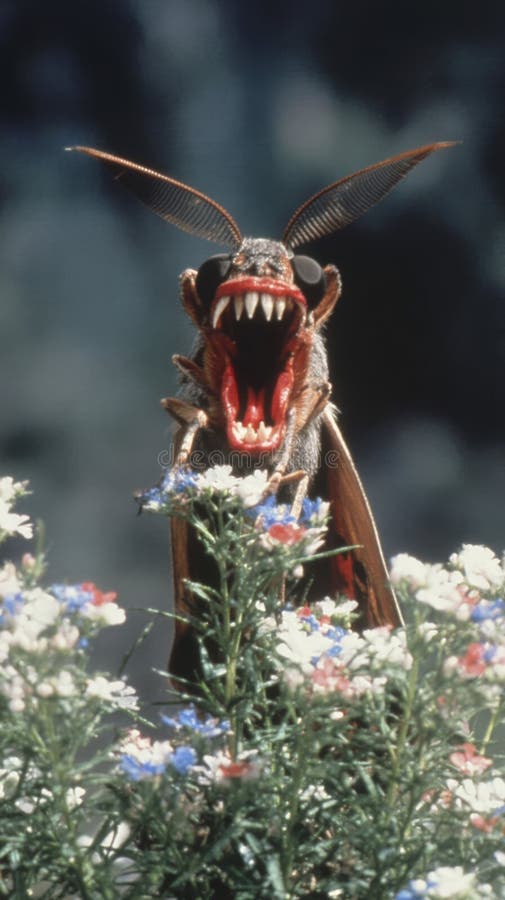 Huge Open-mouthed Bug Standing Out in Small Flowers. Stock Illustration ...