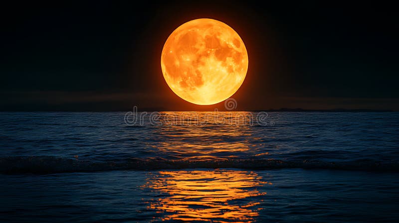 Huge Orange Full Moon Rising Over Dark Ocean at Night Stock ...