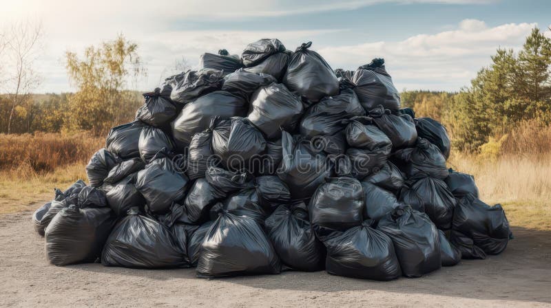 Huge Pile of Black Plastic Garbage Bags Polluting the Environment Stock ...