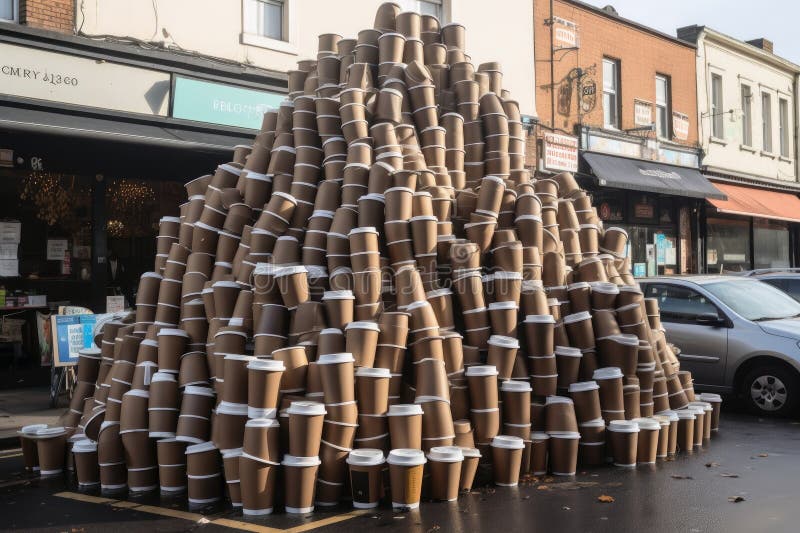 A Huge Pile of Disposable Coffee Cups in Front of a Cafe Created with ...