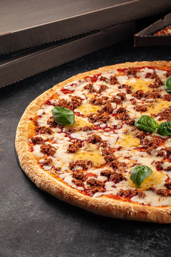 Huge Pizza with Cheddar Cheese and Minced Beef Stock Photo - Image of ...