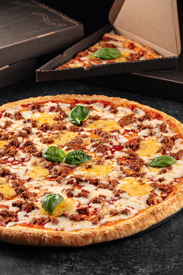 Huge Pizza with Cheddar Cheese and Minced Beef Stock Image - Image of ...