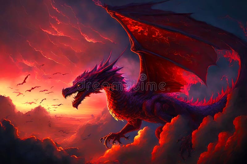 Huge Red Dragons Flapping Its Wings among Clouds Stock Illustration ...