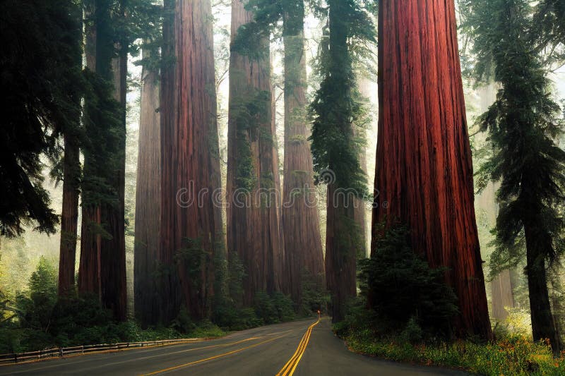 Huge Red Trees Sequoia Forest with Thick Green Leaves Stock ...