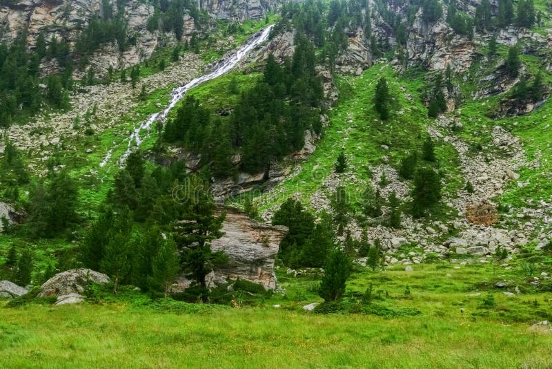 Huge Rock between Green Pine Trees and Waterfall in the Mountains Stock ...
