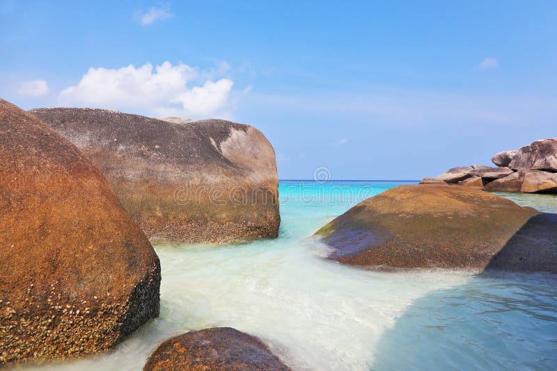 The Huge Rocks and Soft White Sand Beach Stock Photo - Image of ...