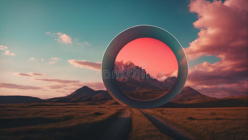 Huge Round Lens Lies on the Field Road and Distant Mountains are ...