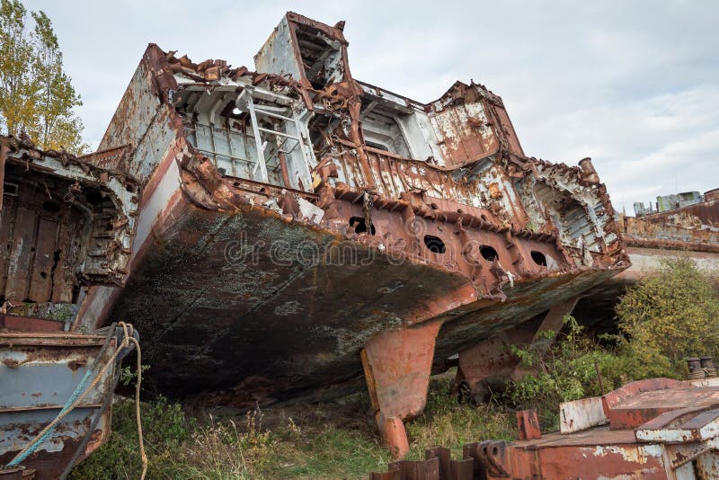 Old Decommissioned Rusty Barge At Ship Junkyard On Sava River At ...