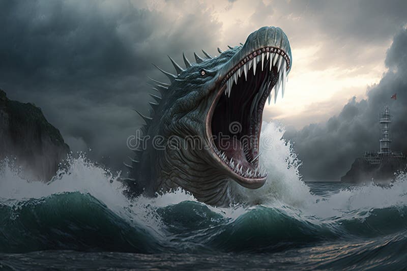 A Huge Sea Monster, Emerging from the Water and Roaring Menacingly ...
