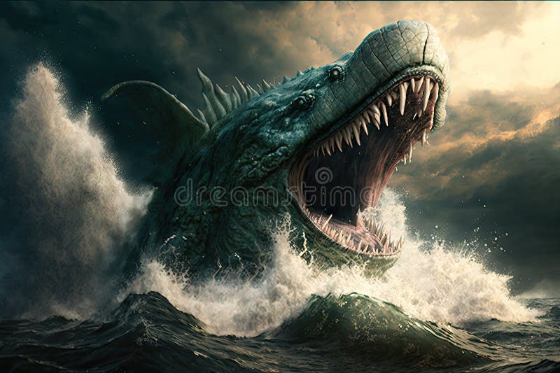 A Huge Sea Monster, Emerging from the Water and Roaring Menacingly ...