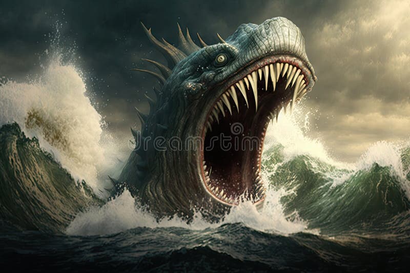 A Huge Sea Monster, Emerging from the Water and Roaring Menacingly ...