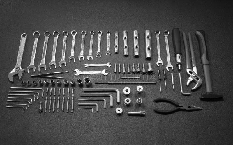 Huge Set of Universal Mechanics Hand Tools Laid Out in Order Stock ...