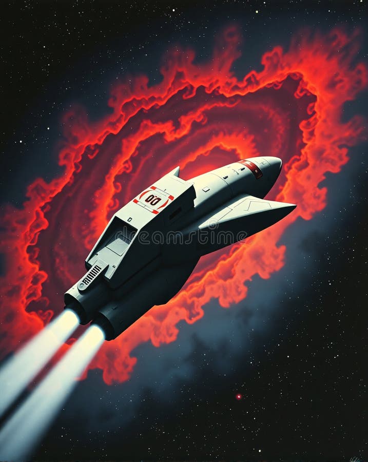 A Huge Ship is White, with a Very Strange Exterior. Flies Over the Exploding Red Supernova Star ...