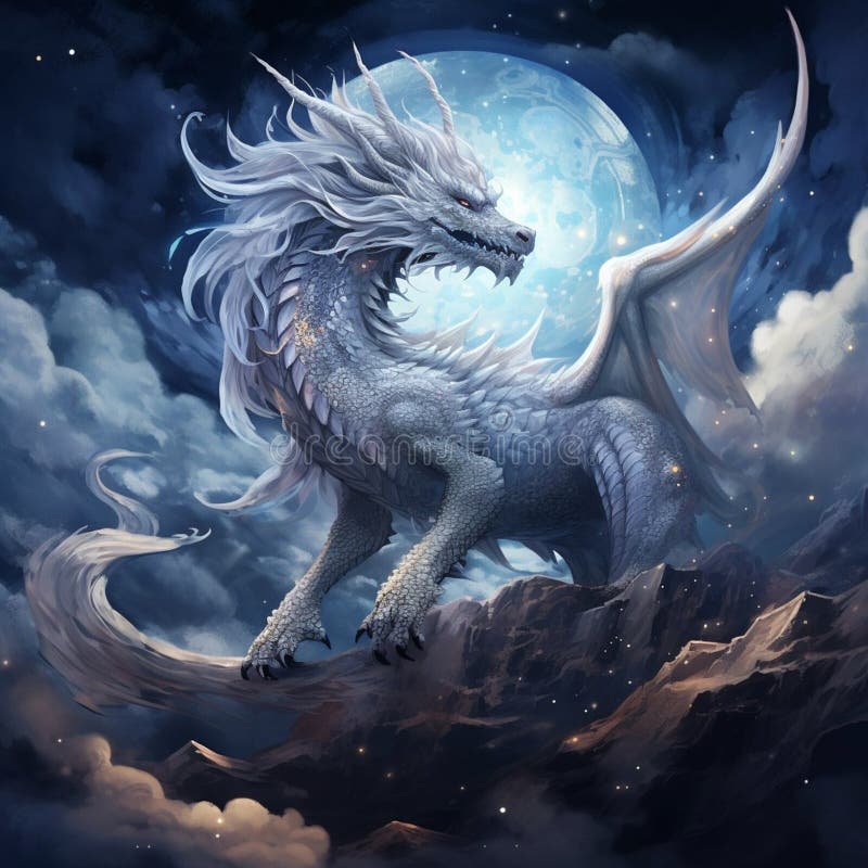 A Huge Silvery Dragon in the Starry Sky Stock Illustration ...