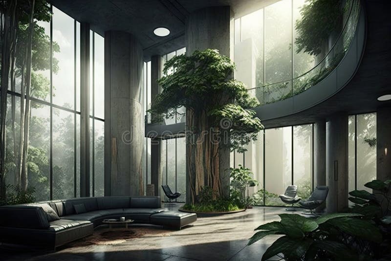 Huge Skyscraper Trees in Wild Jungle Interior Design Stock Illustration ...