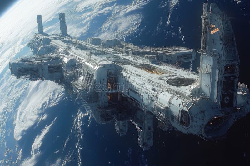 Huge Spaceship Orbiting Planet Earth Stock Photo - Image of futuristic ...