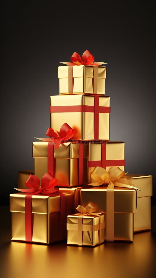 Huge Stack of Big Golden Gift Boxes with Red Tape Stock Image - Image ...