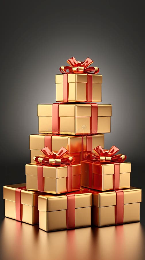 Huge Stack of Big Golden Gift Boxes with Red Tape Stock Photo - Image ...