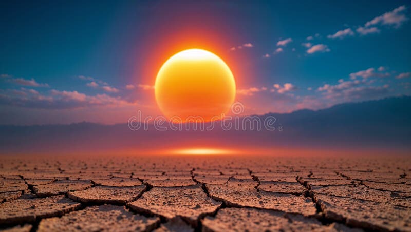 Huge Sun Setting on Dry Cracked Desert Land at Sunset Stock ...