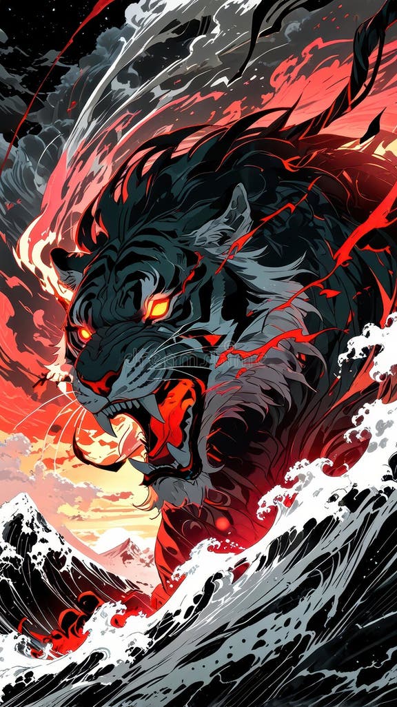 Huge Tiger Face with Wave Illuatration Stock Photo - Image of wave ...