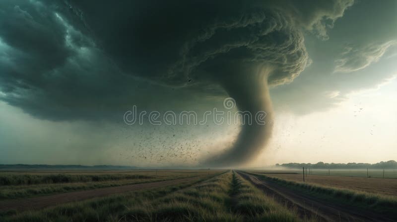 Huge Tornado Approaching Farm Land at Sunset Stock Illustration ...