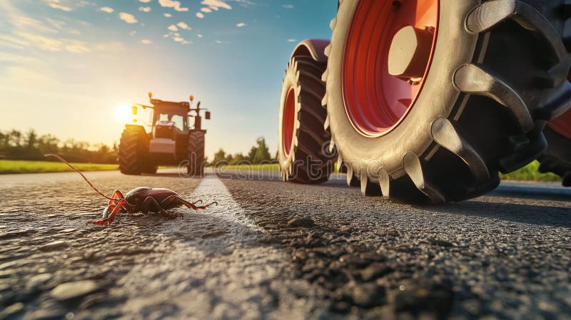 A Huge Tractor on the Road Stopped in Front of a Bug on the Asphalt, AI ...