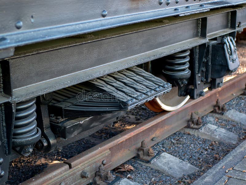 Huge Train Springs and Leaf Spring Over the Wheels. Train Wheel System ...