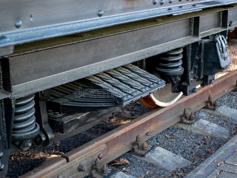Huge Train Springs and Leaf Spring Over the Wheels. Train Wheel System ...
