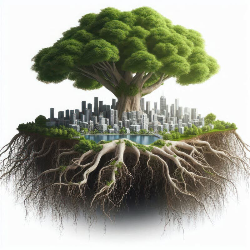 A Huge Tree with a City at the Base and Branched Roots. Stock Image ...