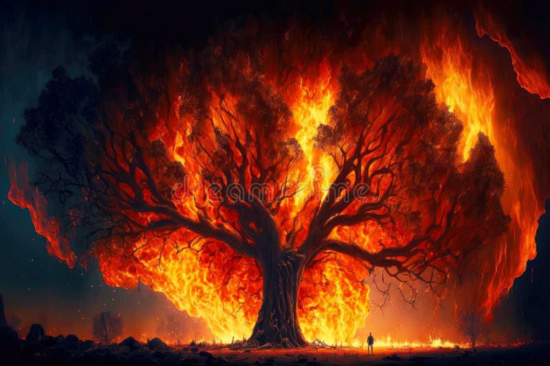 Huge Tree Engulfed in Fire during Disaster in Form of Forest Wildfire ...