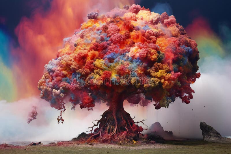 A Huge Tree with a Huge Explosion of Colorful Smoke and Fire Stock ...