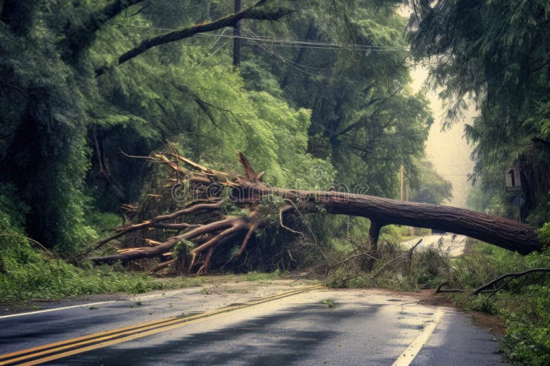 Huge Tree Fallen Across a Road during a Hurricane Stock Illustration ...