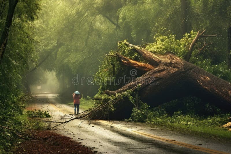 Huge Tree Fallen Across a Road during a Hurricane Stock Illustration ...