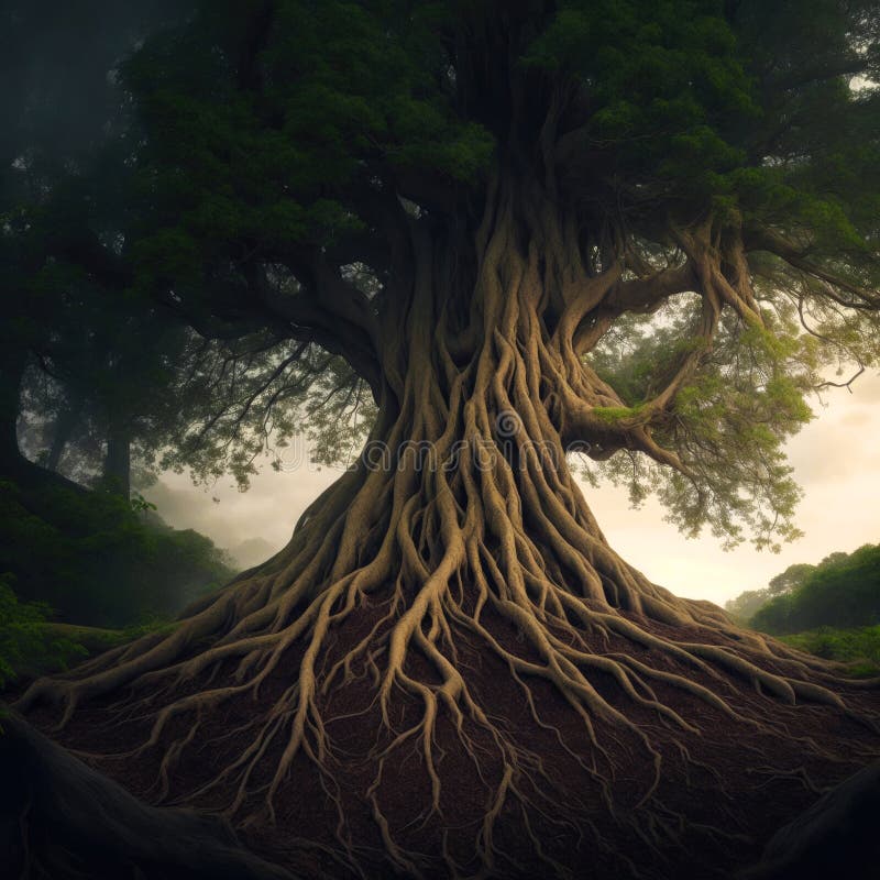 A Huge Tree with a Spreading Crown and a Powerful Root System. the ...