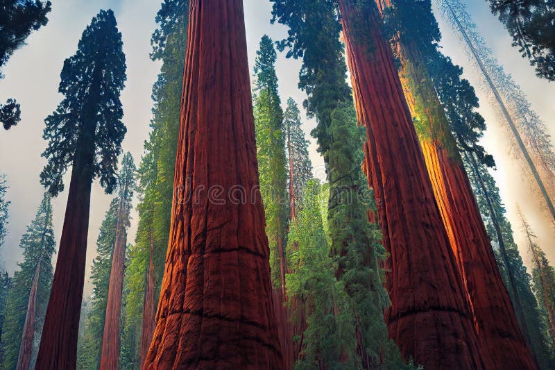 Huge Tree Trunks with Red Bark in Sequoia Forest Stock Illustration ...