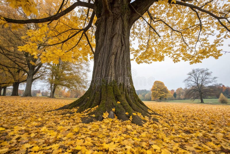 Huge Trunk of a Cherry Tree Full of Yellow Leaves on the Ground Stock ...