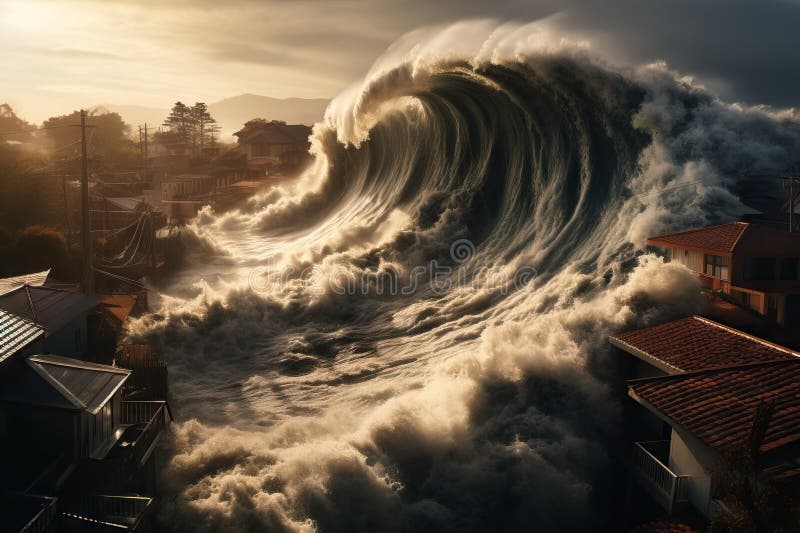 Huge Tsunami Wave Close To the City. Stock Image - Image of tsunami ...