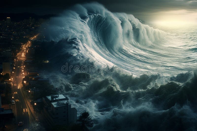 A Huge Tsunami Wave Hits the Night City Stock Illustration ...