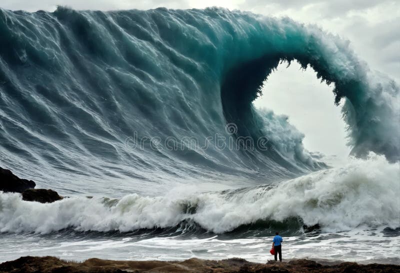 Huge Tsunami Wave Hitting Shore with Buildings Stock Illustration ...