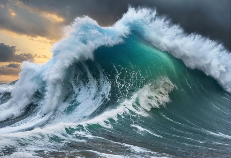 Huge Tsunami Wave Hitting Shore with Buildings Stock Illustration ...