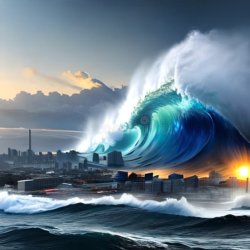 Huge tsunami waves stock illustration. Illustration of morning - 272362517