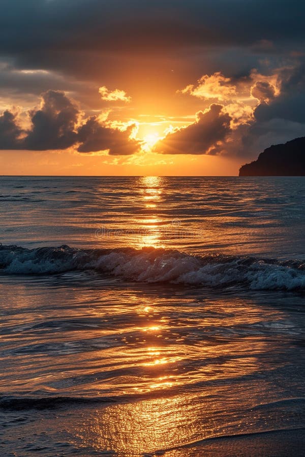 Huge Wave Breaking on a Beach at Sunset. Stock Image - Image of wave ...